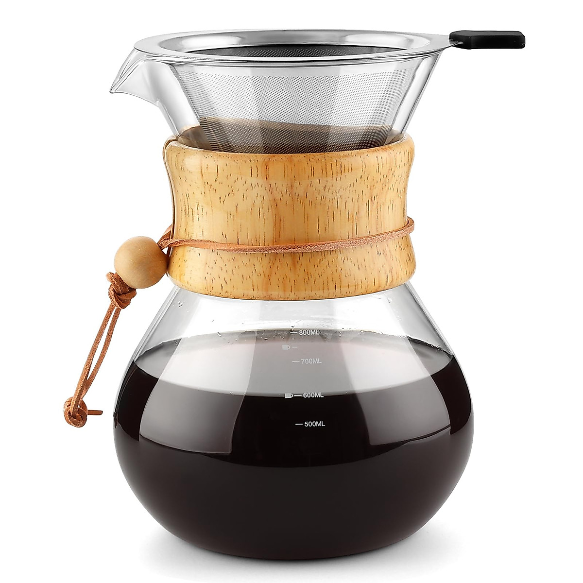 COPOTEA Pour Over Coffee Maker with Double Layer Stainless Steel Filter, 28oz / 800ml Coffee Dripper Brewer, Borosilicate Glass Coffee Carafe,Wooden Collar