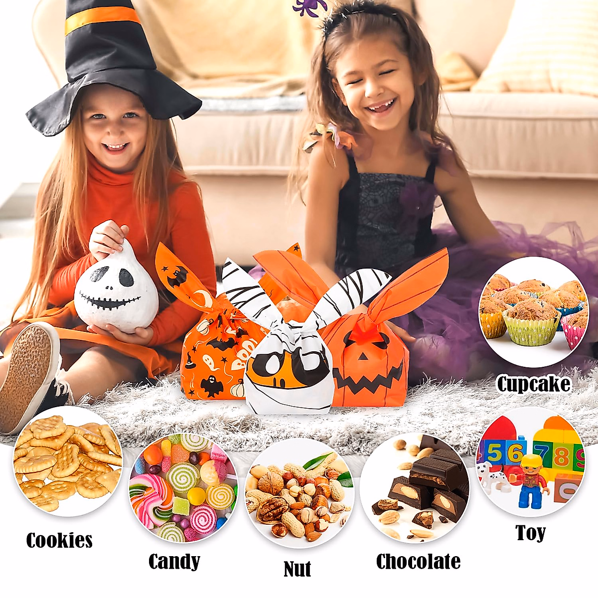 Halloween Treat Bags, Halloween Candy Bags, Halloween Trick or Treating Bags, 60PCS Small Plastic Halloween Cookies Gifts Snack Goodie Bags for Trick or Treat, Halloween Party Decoration Supplies