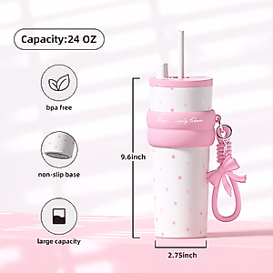 SDGA+ 24 oz Leak Proof Tumbler with Lid and Straw, Insulated Stainless Steel Reusable Thermal Coffee Cup, Cute Portable Iced Coffee Travel Mug, For Women, Water Bottle for Hot and Cold, Pink