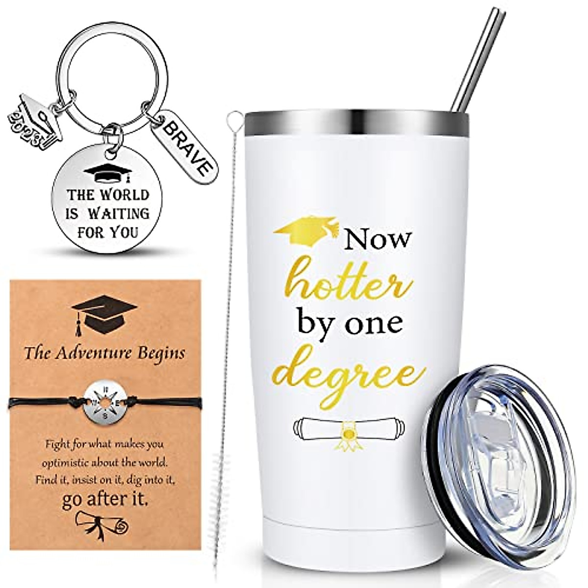 Karenhi 3 Pcs Graduation Gift Set Includes Class of 2023 Stainless Steel Tumbler with Lid, Straw Graduation Gift Keychain Graduation Bracelet Set Adjustable Compass Bracelet for School (Now Hotter)