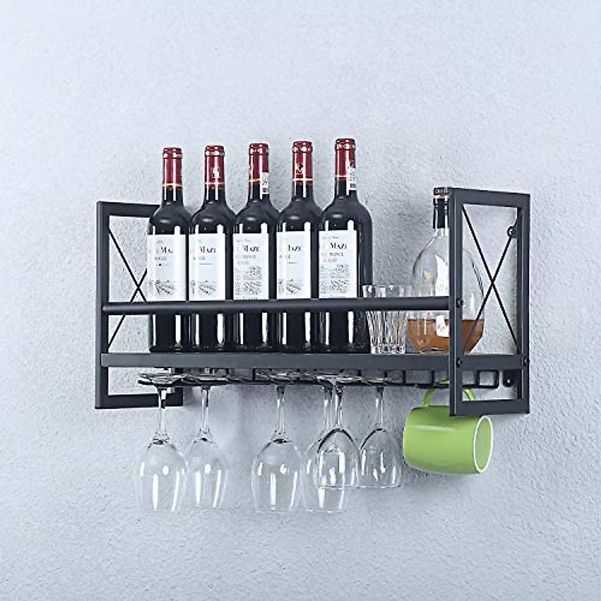 MBQQ Industrial Wine Racks Wall Mounted with Stemware Racks,23.6in Rustic Metal Hanging Wine Holder,Bottle Holder with 7 Stem Glass Holder,Metal&Wood Shelves Home Decor Wall Shelf