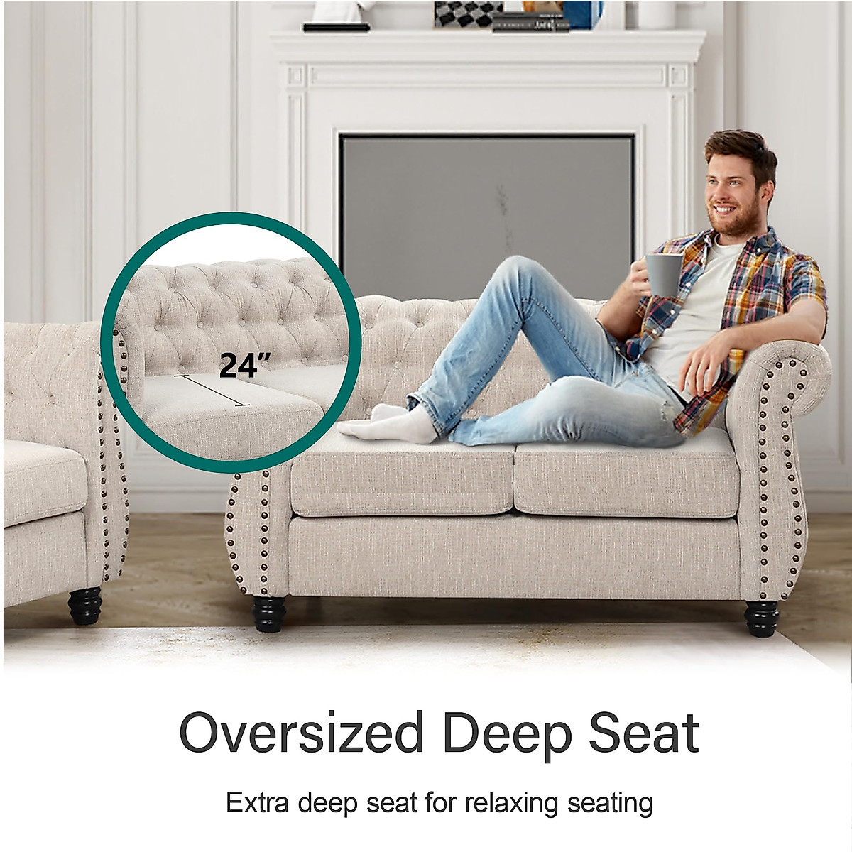 Morden Fort Classic Chesterfield Victoria Arm Loveseat Set, Tufted Loveseat Sofa No Sagging with Solid Wood Legs, Pet-Friendly Love Seat Set Couch for Living Room Bedroom Apartment - Chenille Beige