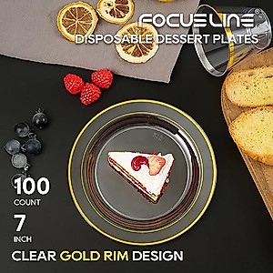 FOCUSLINE 100 Count Clear Gold Plastic Plates 7 Inch, Disposable Heavy Duty Clear Plates with Gold Rim, Premium Hard Plastic Plates Fancy Disposable Clear Salad Plates for Wedding Parties