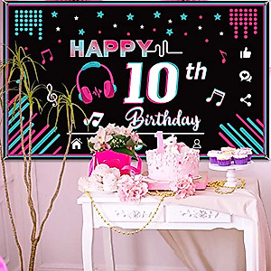 Music Happy 10th Birthday Backdrop Musical Social Media Birthday Party Supplies Music Party Banner Decorations Social Media Photography Background for Teens, 73 x 43 Inches