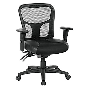 Office Star ProGrid Breathable High Back Manager's Chair with Leather and Mesh Seat, Adjustable Height and Arms, Dual Function Control, and 360 Degree Swivel, Black