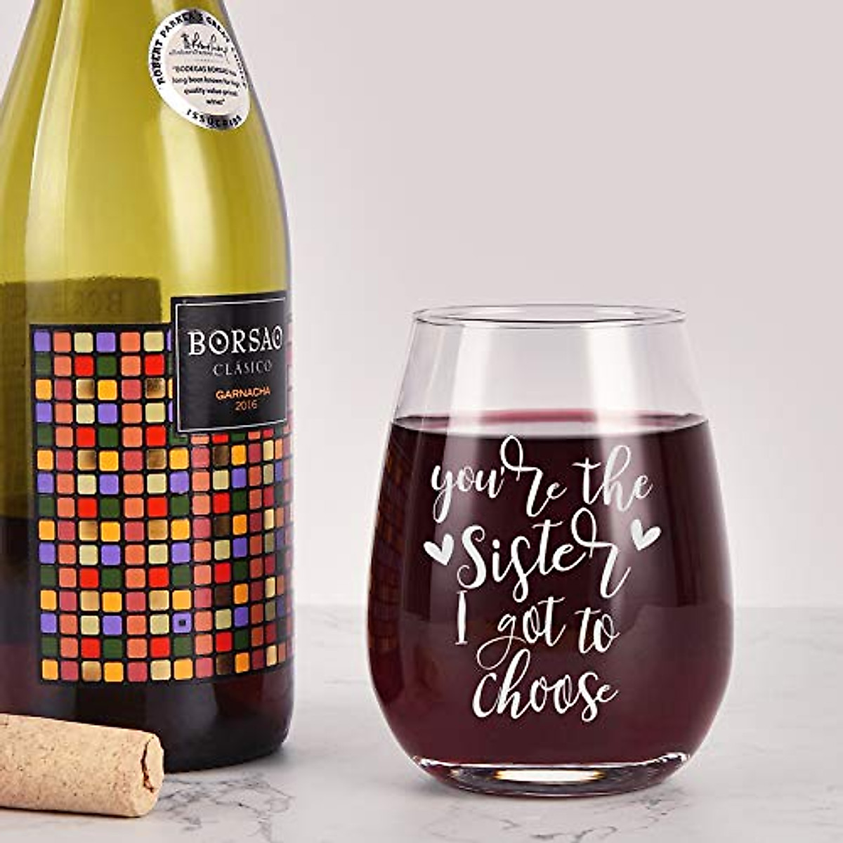 You're the Sister I Got to Choose Stemless Wine Glass 15Oz with Cupcake Wine Socks Set, Sister Wine Glass for Birthday Galentine's Day Mother's Day Christmas, Ideal for Women Friend Sister BBF