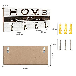 CHDITB Rustic Home Sweet Home Wooden Key Holder(13.4”x5.5”), His Hers Ours Wall-Mounted Key Rack with 4 Hooks, Decorative Wood Sign Key Hanger Home Decor for Wall Entryway Hallway Housewarming Gift
