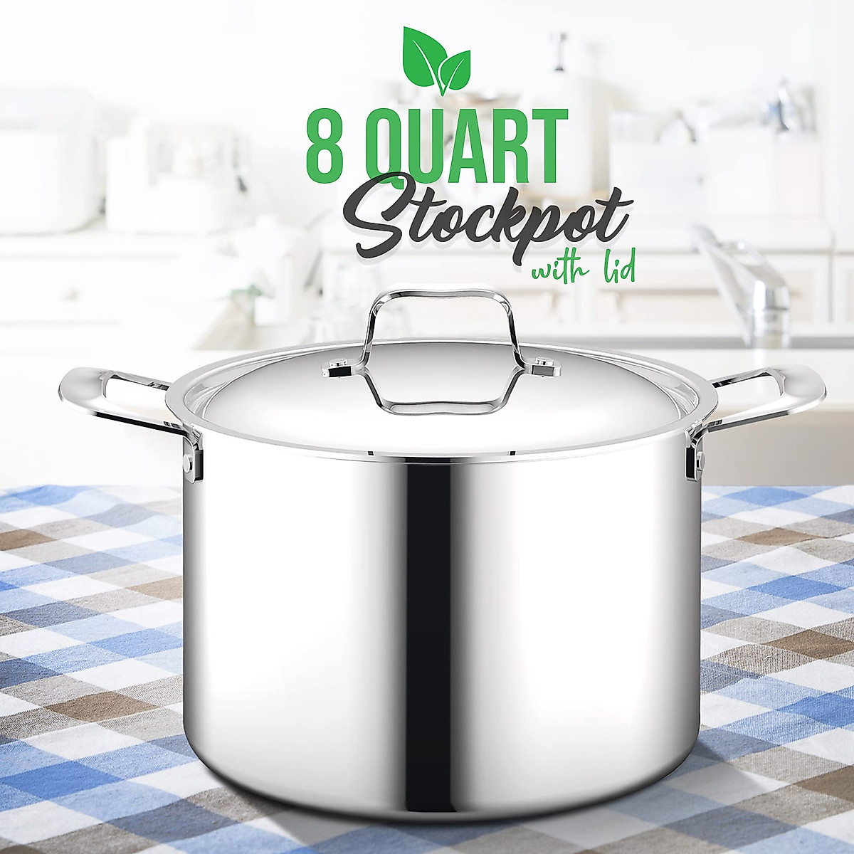 NutriChef 8-quart Stockpot with Lid - PFOA/PFOS Free Stainless Steel Stain-Resistant Pot Kitchen Cookware w/ Satin Interior, Polished Exterior, Cast Handles - Works w/ Model NCSSX45