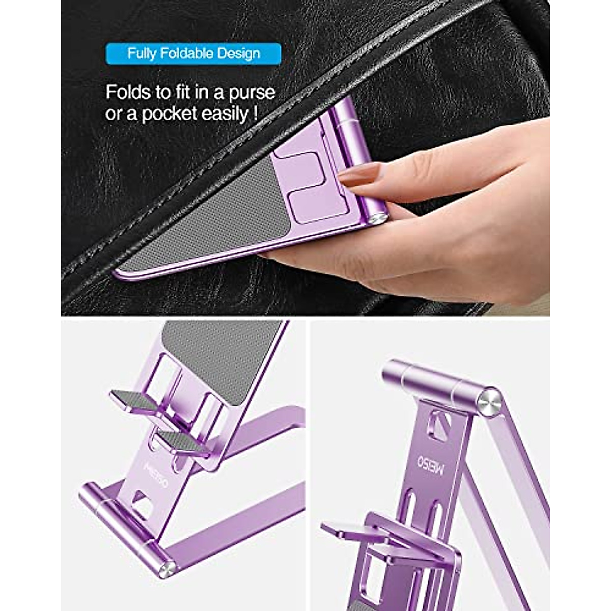 MEISO Cell Phone Stand, Fully Foldable Phone Holder for Desk, Desktop Mobile Phone Cradle Dock Compatible with iPhone, Samsung Galaxy, iPad Mini, Tablets Up to 10” (Lilac Purple)