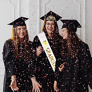 CAVETEE Gold Graduate Crown and Sash Congratulations Graduate 2024 Grad Party Decorations 2024 Graduate Crowns for Women Grad Tiara and I Graduated Sash for Women Grad Cap Decorations Grad Cap Topper