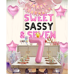 42 PCS Sweet Sassy & Seven Birthday Decoration Sweet Seven Birthday Balloons 7 Years Old Birthday Decoration Girls 7th Birthday Decoration
