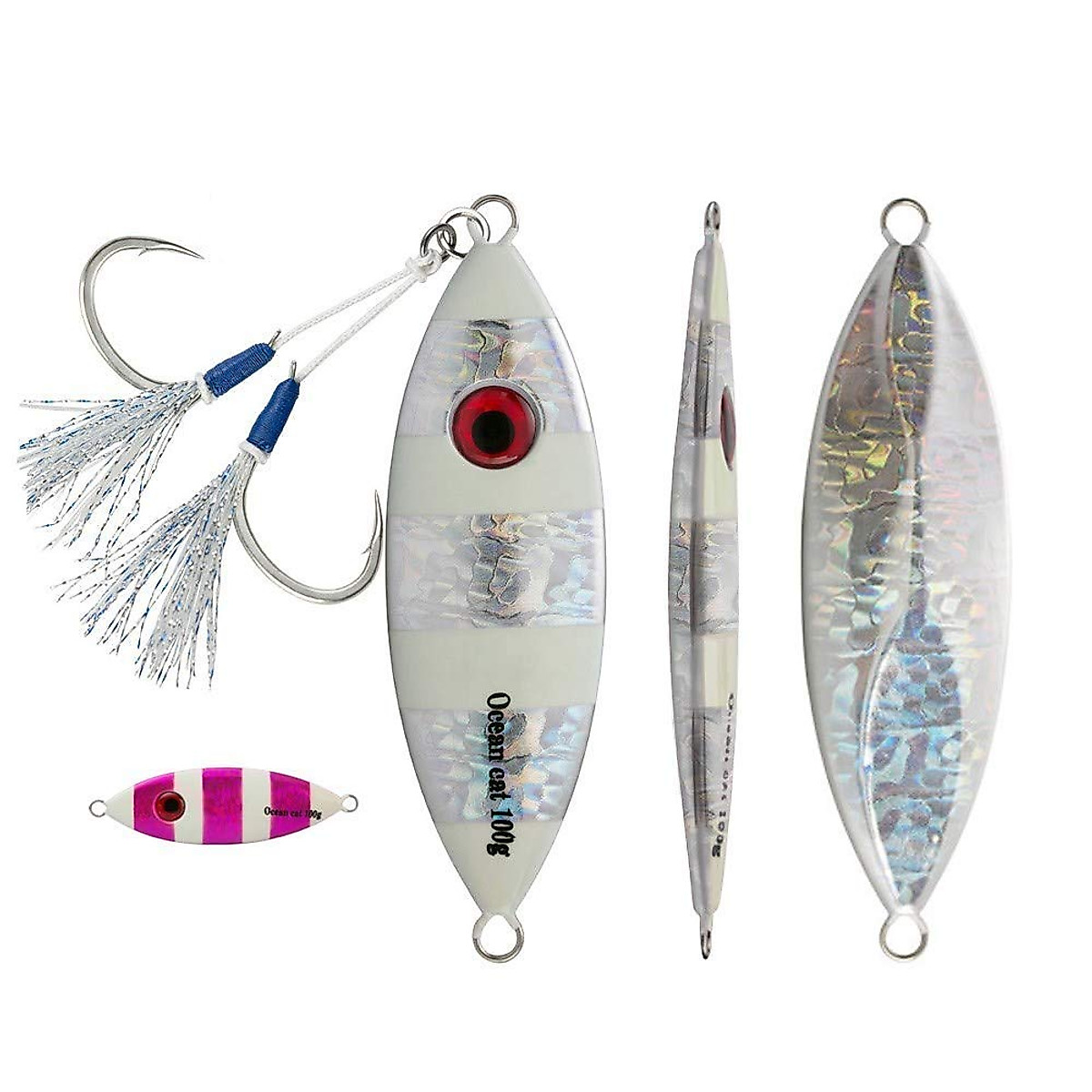 OCEAN CAT 1 PC Lead Metal Flat Slow Fall Pitch Fishing Jigs Lures Sinking Vertical Jigging Bait with Butterfly Hook for Saltwater Fishing (Silver, 100g)