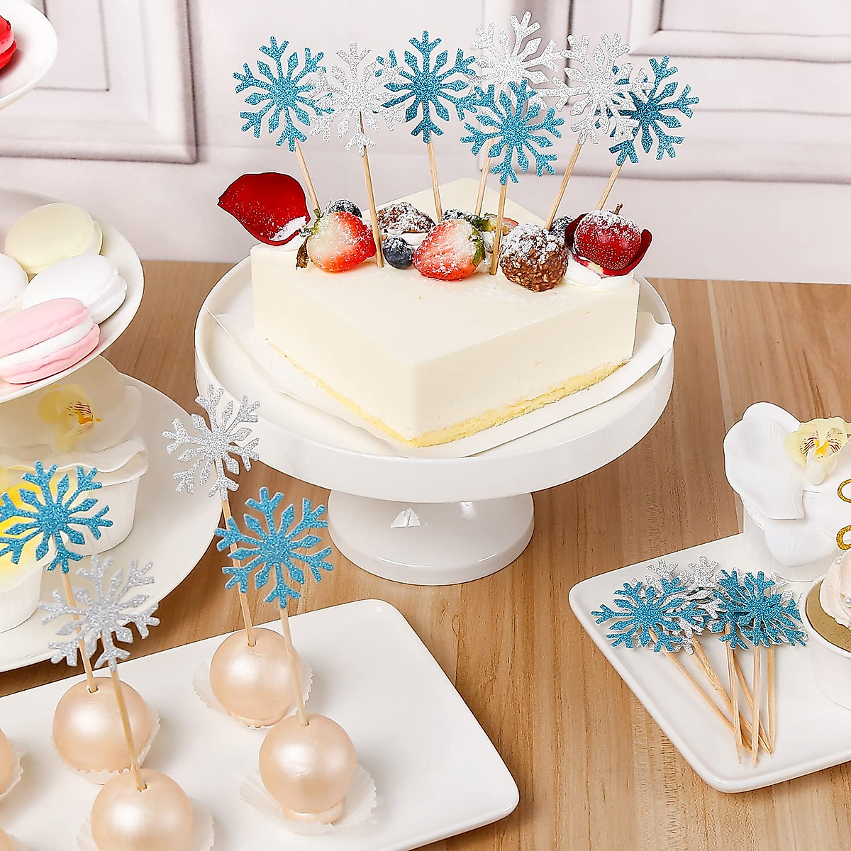 PartyWoo Frozen Cake Toppers, 20 pcs Snowflakes Cupcake Topper, Happy Birthday Cake Topper Set, Silver and Blue Birthday Cake Topper for Frozen Birthday Decorations, Glitter Cake Decorations