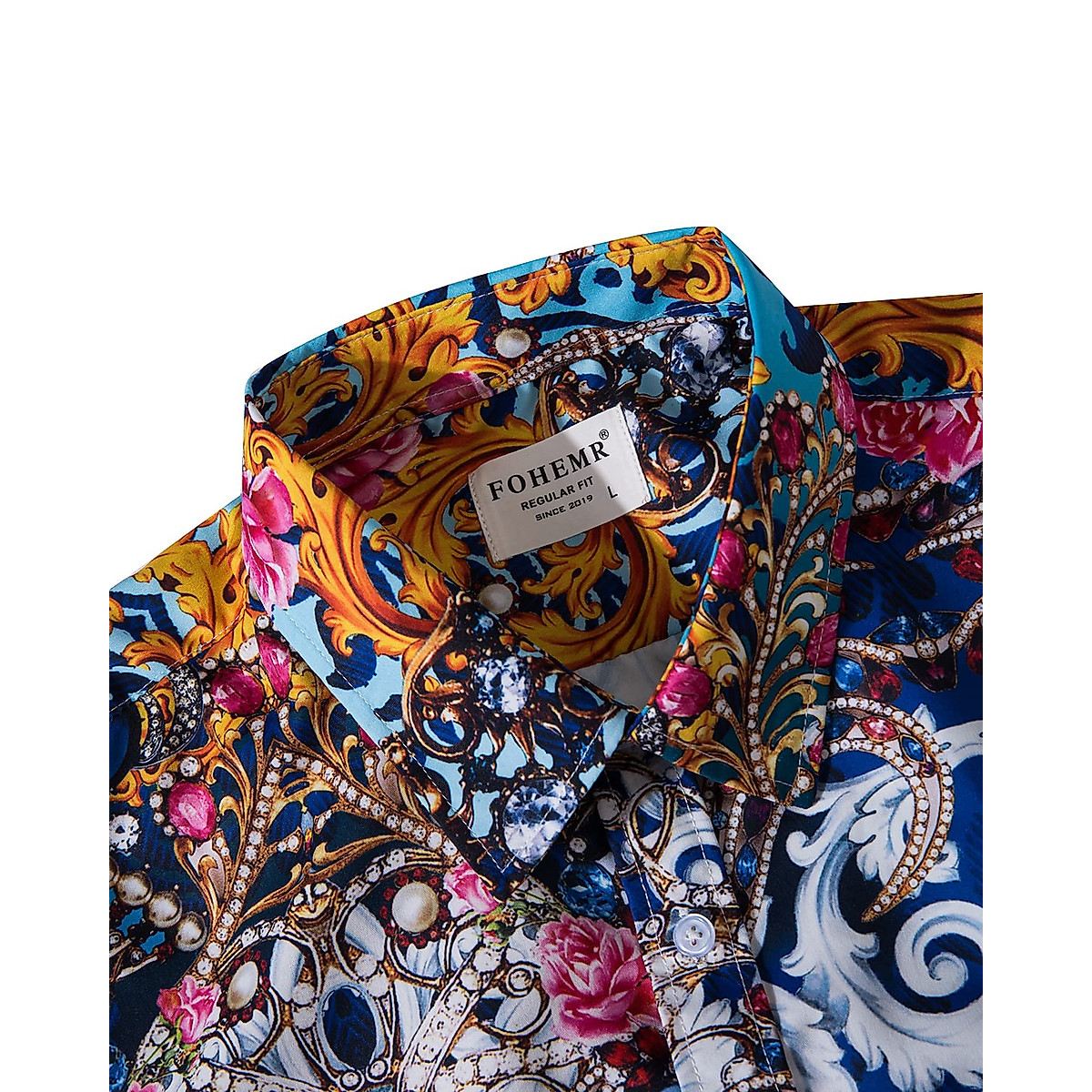 fohemr Mens Luxury Dress Shirts Baroque Gold Chain Print Casual Long Sleeve Button Down Shirt Blue Large