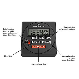 Marathon 24 Hour Digital Timer, Black - Large, Easy-to-Read LCD Display - Loud Ring Alarm - Clock Feature - AA Battery Included