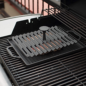 Grillville USA Cast Iron Grill Pan and Press, Indoor/Outdoor Grill Pan and Weighted Press Set, Porcelain Enamel Coating, Use on the Stovetop or Grill, Vented Design Keeps Food Crisp