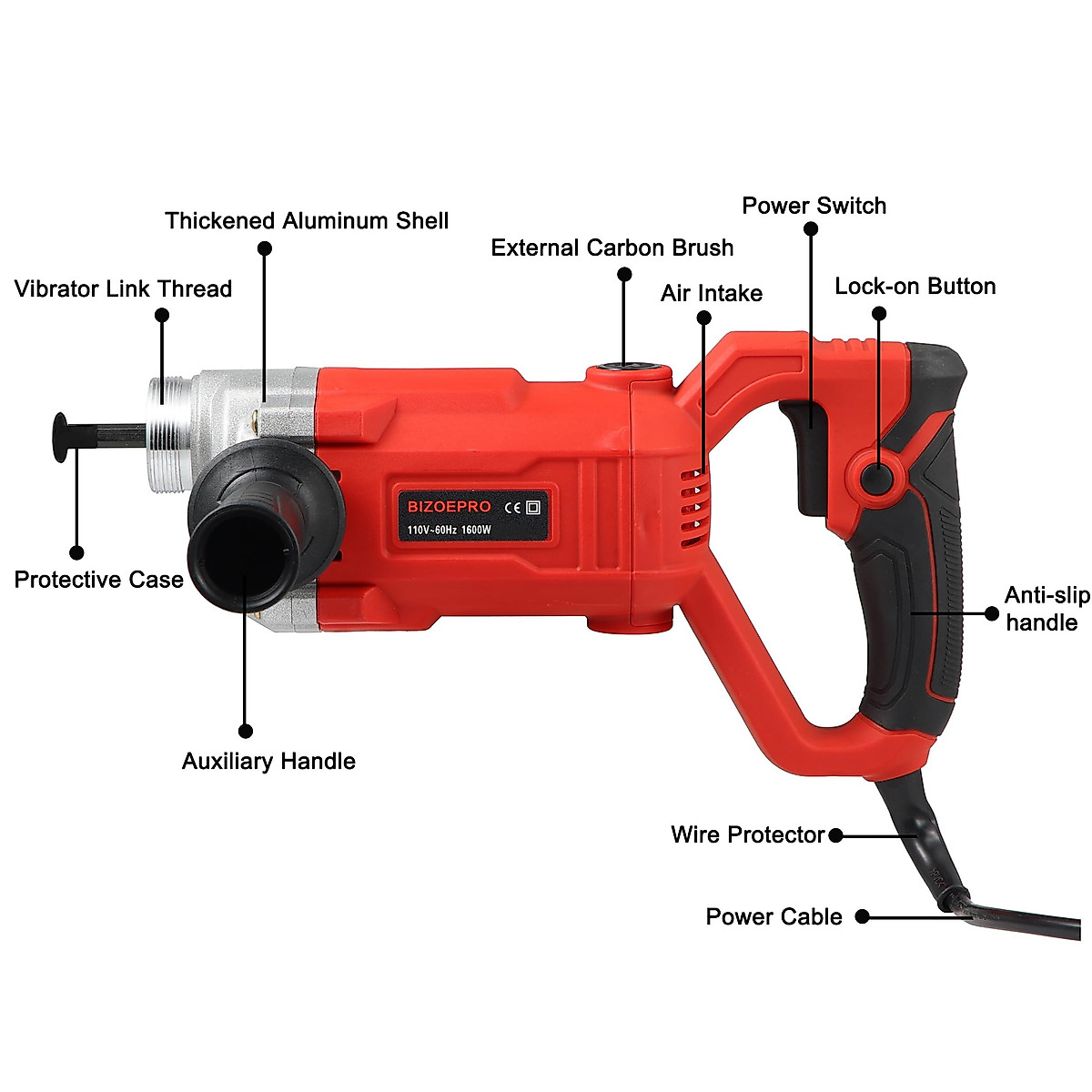 Bizoepro HandHeld Concrete Vibrating Tool, 1600W Electric Concrete Vibrator 6.6ft Shaft Rod 2HP Portable Pencil Cement Remove Air Bubble and Mix Concrete