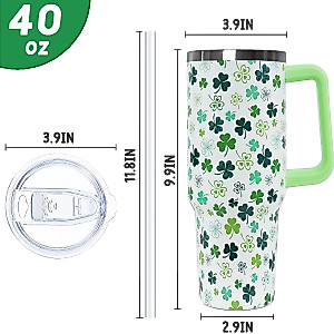Nqhsionv St Patricks Day Tumbler with Handle 40 oz Green Lucky Shamrock Coffee Travel Mug Stainless Steel Insulated Cup Irish Saint Patricks Decor Gifts