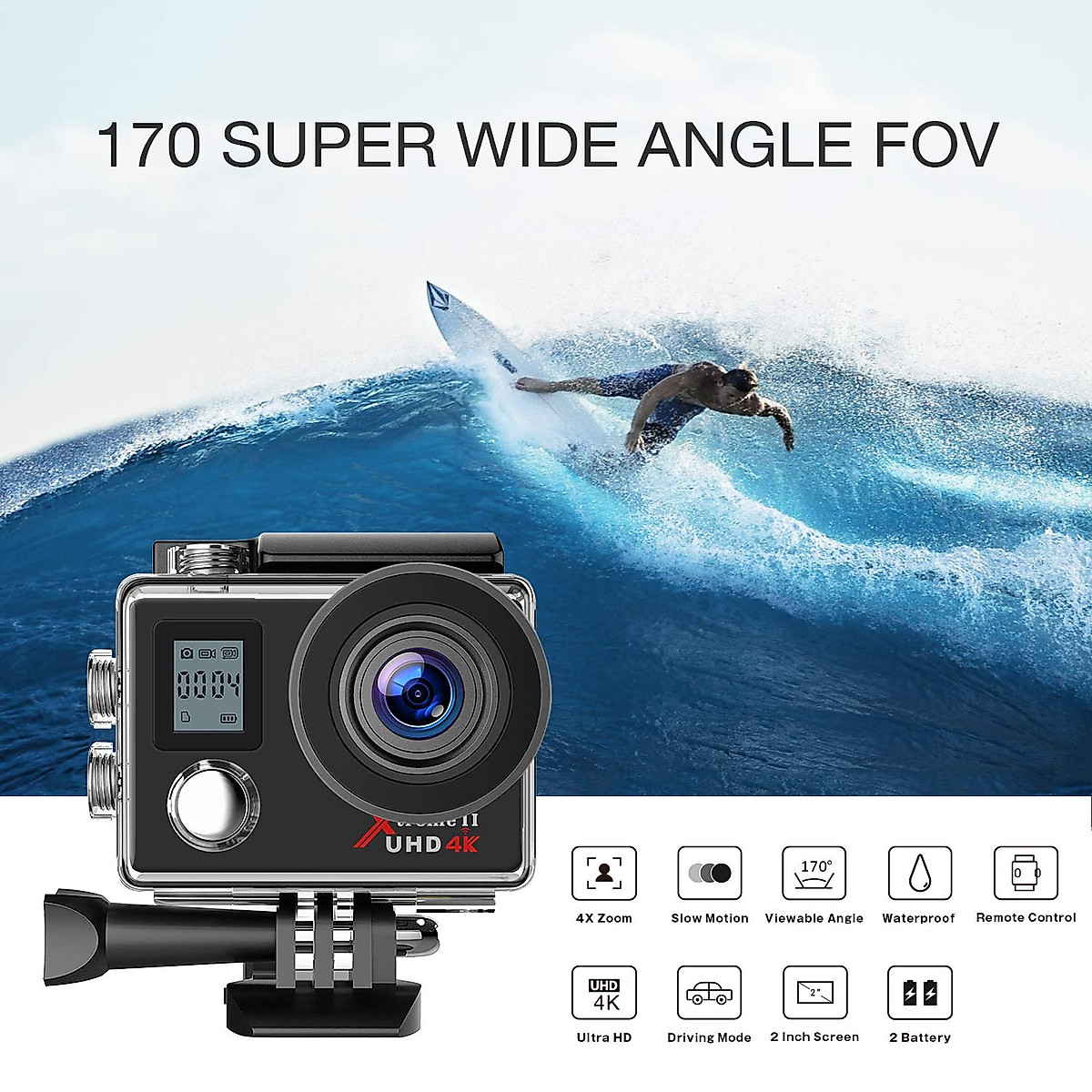 CAMWORLD Action Camera 4K 30FPS WiFi Ultra HD 4X Zoom PC Webcam Sports Underwater 30M Waterproof 170° Wide Angle Lens with Remote Control, 2 Batteries and Mounting Kit
