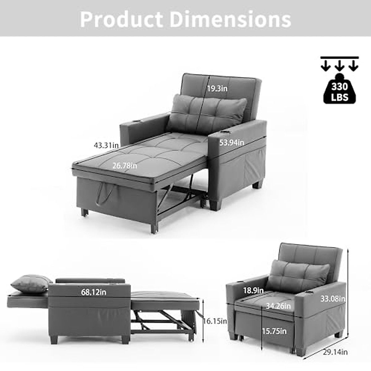 Futon Chair Bed, Modern Convertible Chair 3-in-1 Pull Out Sleeper Chair Beds with USB Ports, Single Sofa Recliner Couch Armchair Bed Sleeper for Living Room Apartment (White PU Leather)