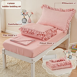 Cozyholy 4 Piece Textured Seersucker Toddler Bedding Set Girls Crib Sheets Set Pink Ruffle Baby Bed Comforter Set Lightweight Bed in a Bag | Include Comforter, Flat Sheet, Fitted Sheet, Pillowcase