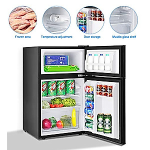 Toolsempire Mini Fridge,3.2 Cu.FT Compact Refrigerator with Freezer, Dual Door Refrigerator with Adjustable Temperature & Removable Glass Shelves, Mini Fridge for Dorm, Office, Bedroom, Kitchen(Black)