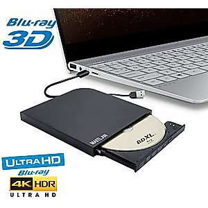 Ultra Slim External 4K UHD HD 3D Blu-ray Disc Player, USB Type-A & Type-C USB-C 2-In-1 6X BD-R BD-RE DL BDXL 100GB DVD-R M-Disc Burner Portable Optical Drive, for Windows 10 Mac OS Laptop & Desktop PC