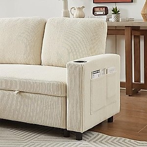 FANYE L-Shaped 3-Seaters Reversible Sleeper Sectional Convertible Sofabed Comfortable Corduroy Upholstered Corner Sofa with Pull Out Sleep Couch Bed and Cupholders for Compact Space Living Room