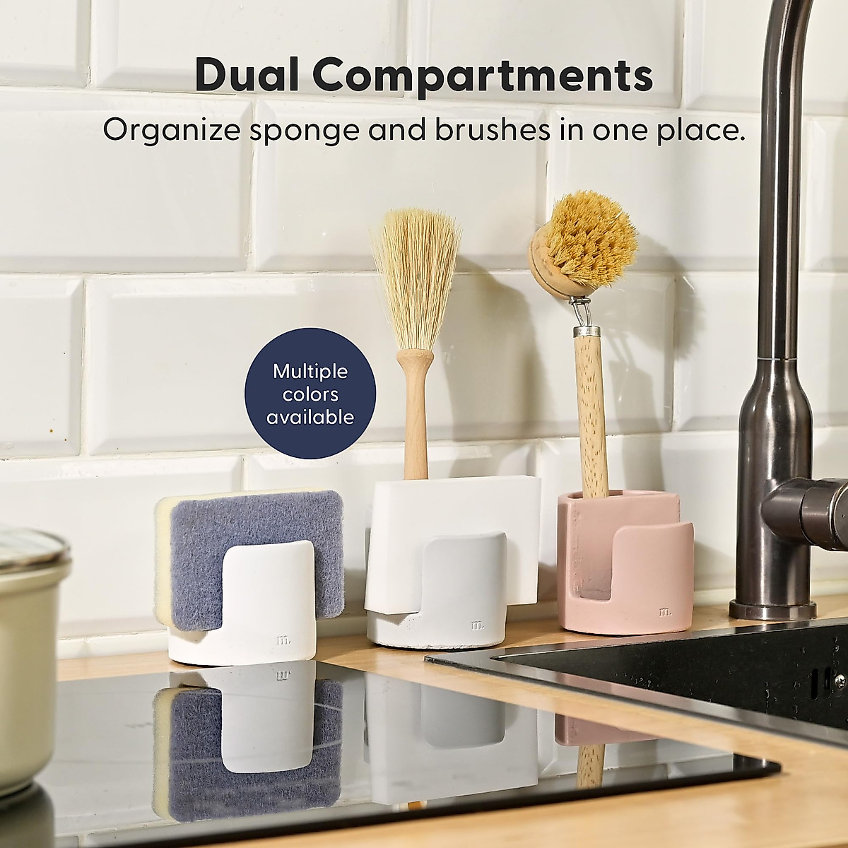 MaisoNovo Concrete Sink Sponge Holder - Kitchen Sponge Holder for Sink, Concrete Sponge and Brush Holder, Soap Dispenser, Pink Concrete Holder with Pink Oval Tray and Amber Bottle Black Pump