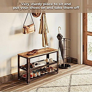 Rolanstar Shoe Bench, 3-Tier Shoe Rack, 28.7” Storage Entry Bench with Mesh Shelves Wood Seat, Rustic Foyer Bench for Hallway Front Door, Doorway, Living Room, Mudroom, Steel Frame, Rustic Brown