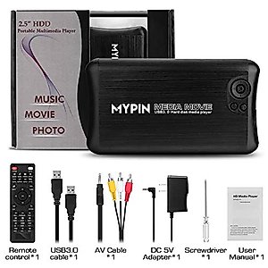 1080P USB3.0 HDMI Media Player Support 2.5" SATA HDD with HDMI/AV/Coaxial Output, Portable MP4 Player for Videos/Music/Photos from USB Drive/SD Card/Internal or External HDD