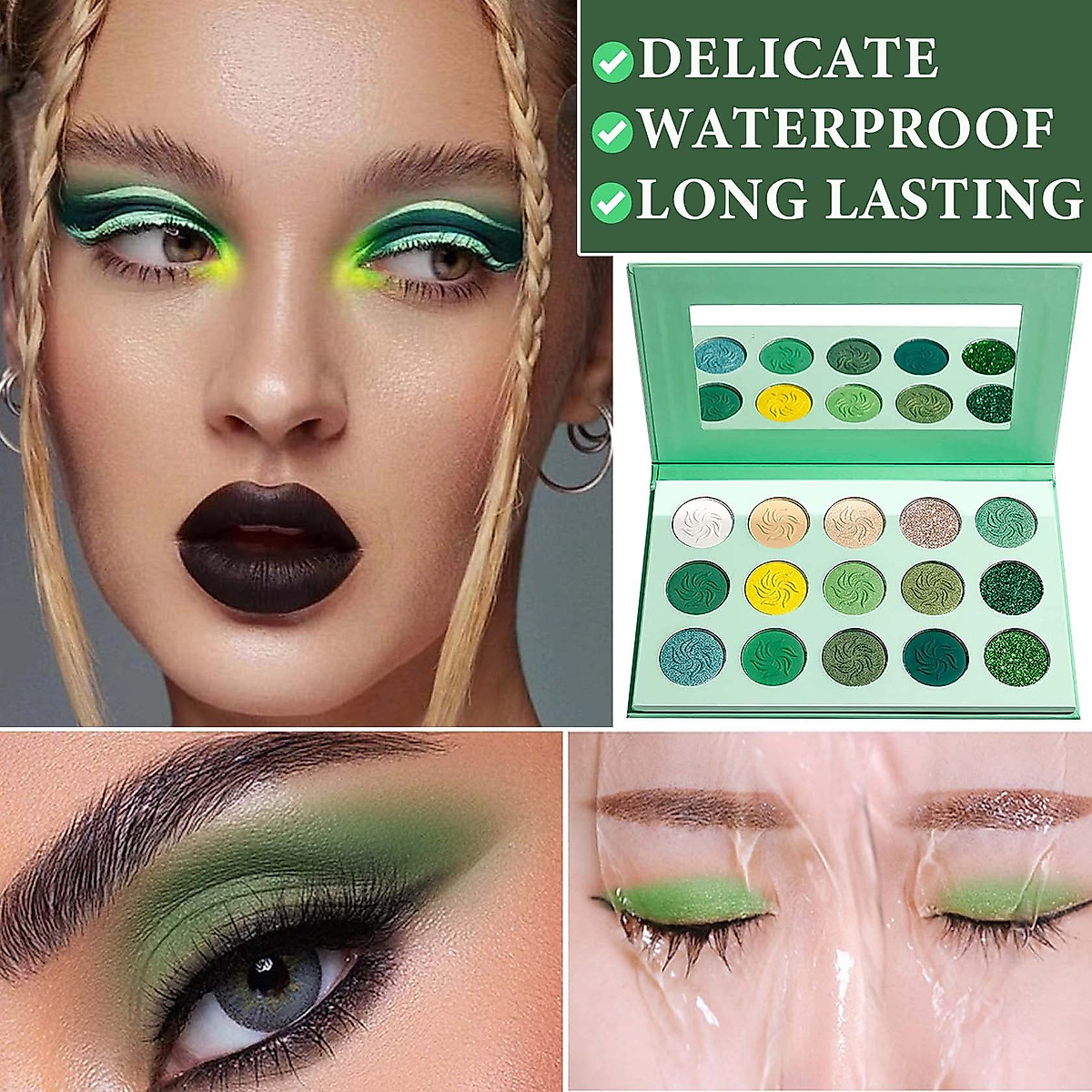 WENJLYJ 15 Color Green Eyeshadow Palette,Highly Pigmented Green Eyeshadow Matte Shimmer Makeup Pallete,Long Wear Waterproof Eye Shadow Pallete Glitter Eyeshadow Pallets for Women