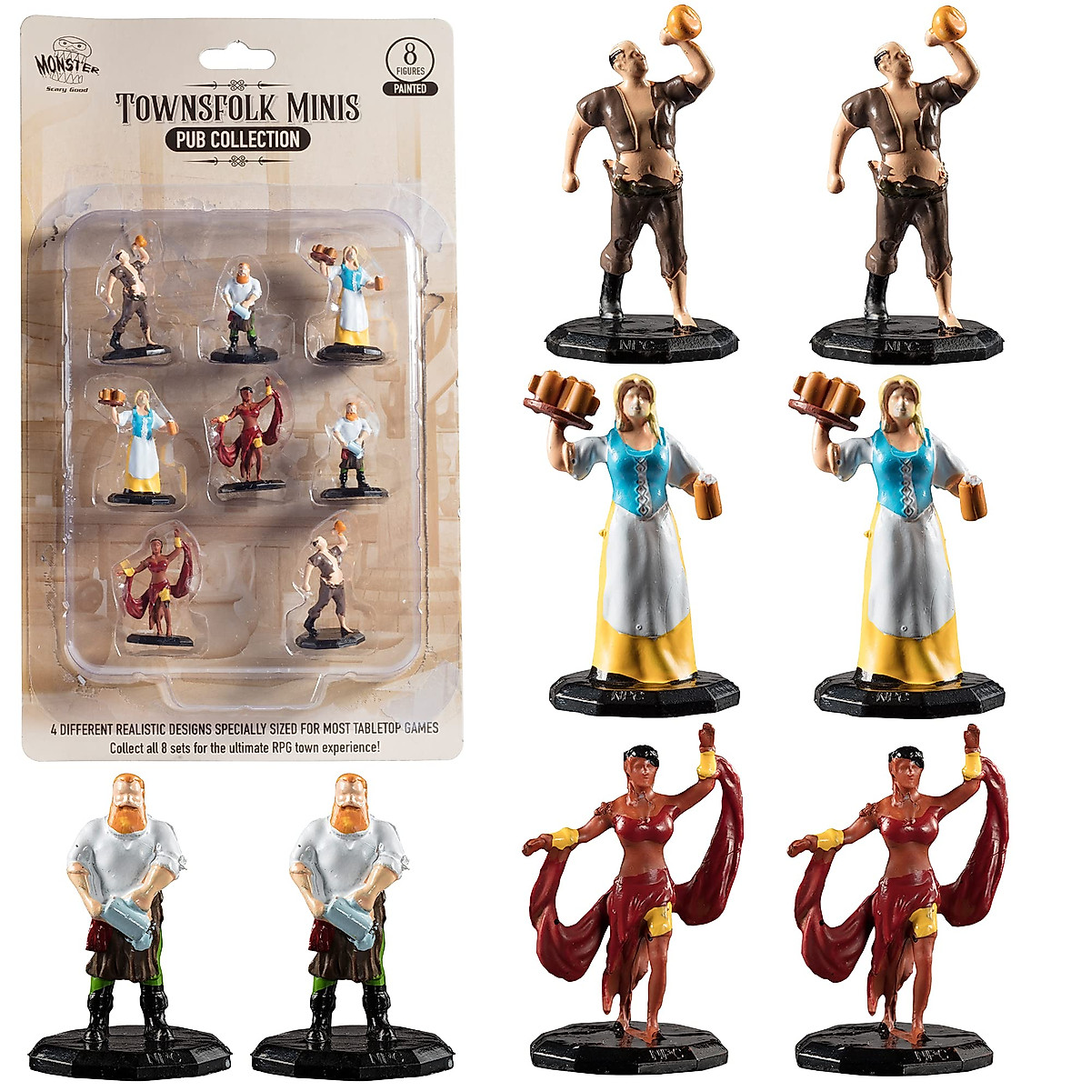 Monster Townsfolk Mini Fantasy Figures - 8pc Hand-Painted Pub Workers Non Player Character NPC Miniatures- 1" Hex-Sized Compatible w DND Dungeons Dragons Pathfinder RPG Tabletop Games