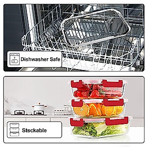 VERONES 10 Pack Glass Meal Prep Containers, Airtight Glass Lunch Containers, Stackable Glass Food Storage Containers Set with Lids,BPA-Free, for Microwave, Oven, Freezer & Dishwasher Friendly,Red
