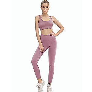 SUPJADE Buscando Ribbed Workout Outfits Sets for Women 2 Piece Seamless High Waist Athletic Leggings +Bras Yoga Outfits Two Piece (Light Purple, Large)