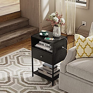 LDTTCUK Nightstand with Charging Station, Modern End Table with Drawer, Bedside Table with Open Storage for Bedroom,Black