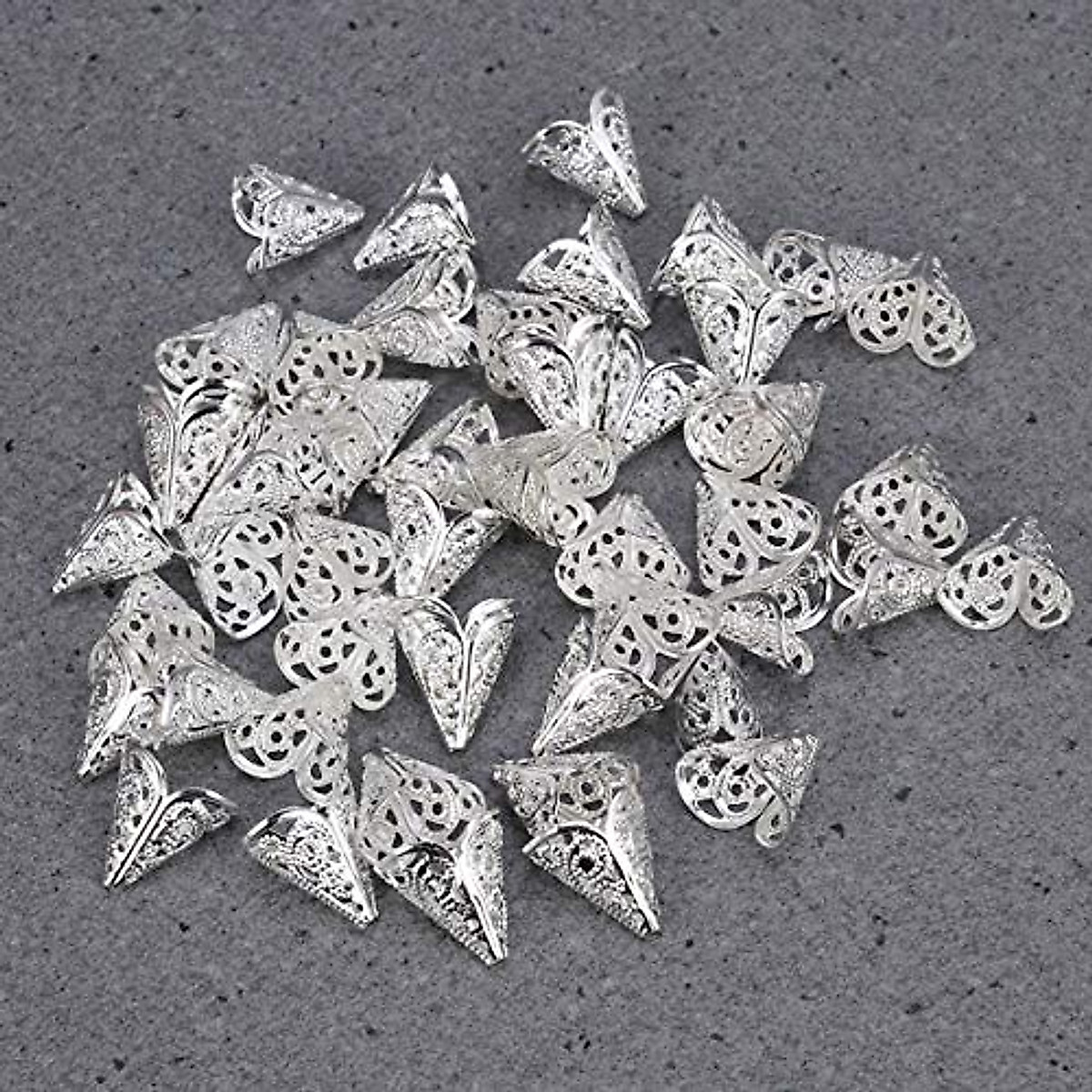 Artibetter 50pcs Metal Flower Filigree Bead Cones Jewelry End Caps Spacer Beads Jewelry Findings Charms for DIY Craft Bracelet Necklace Making 15x16mm (Silver)