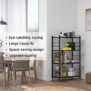 MOLYHOM Folding Storage Shelves, 4-Tier Metal Collapsible Shelves with Wheels, Shelving Units and Storage Rack, Rolling Shelf No Assembly…
