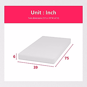 Twin Size Mattress,6 Inch Base Foam Mattress in a Box,Medium-Firm,Pressure Relief&Temperature Regulation,CertiPUR-US Certified,Fiberglass Free，White