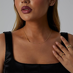 VIROMY Cute Sideways Cross Necklace for Women 18K Gold Plated Simple Dainty Cross Pendant Necklaces Minimalist Trendy Everyday Jewelry