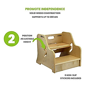 Little Partners Toddler Step Up Stool | Wooden Step Stool with 2 Position Height Adjustment for Kitchen, Bathroom and Nursery (Natural)