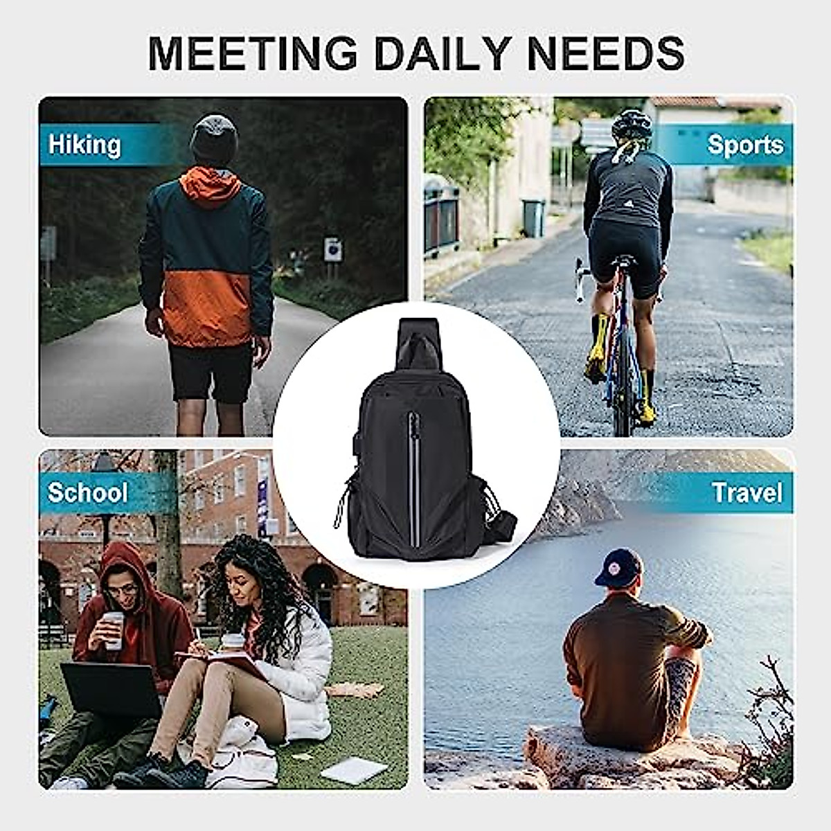 KEYEMP Small Sling Crossbody Bag Backpack Waterproof Lightweight Shoulder Travel Hiking Chest Bags with USB Charging Port for Men Women, Black