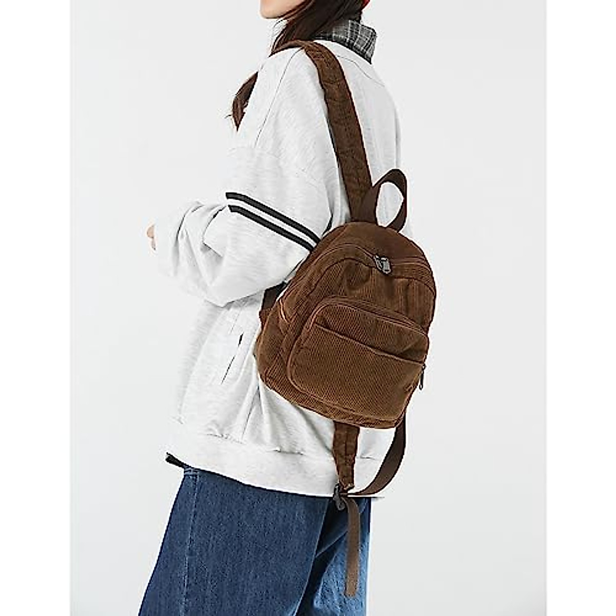 INFENU Cute Corduroy canvas backpack Japanese style bag Kawaii retro simple Solid color mini backpack (Brown)