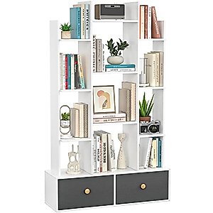 Unikito Bookshelf with 2 Drawers Free Standing Bookcase, Office Storage Shelf Organizer with 12 Open Bookshelves, Industrial Wood Book Case Display Rack for Bedroom, Living Room, Home Office, White
