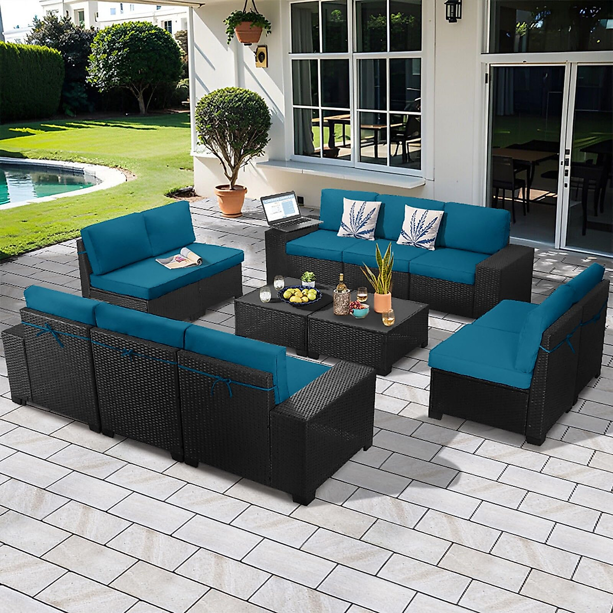 12 Piece Modular Wicker Outdoor Patio Sectional Furniture Sofa Set w/ Cushion, Outdoor Conversation Couch Set with Sloping Backrest and Wide Arm for Patio, Garden(Black Frame / Peacock Blue Cushion)