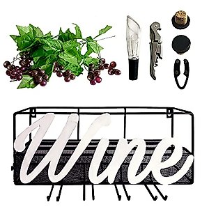 5 Bottle and 4 Stemware Glasses Wine Holder , Wall Mounted Wine Rack w/ 2 Cork Stopper, Bottle Opener, Wine Pourer, Aerator, Grapes Vines , White Wine Racks , Wine Shelf , Wine Stand , Shelf Wine rack
