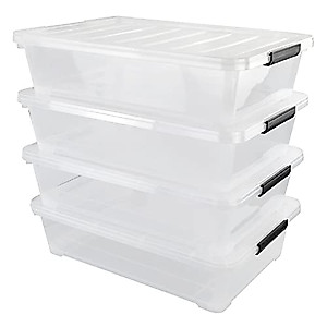 Saedy 4 Pack 40 Qt Plastic Underbed Storage Container Box with Wheels, Clear