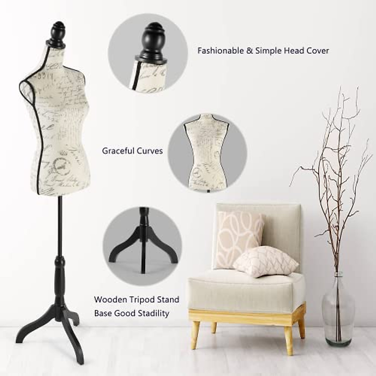 Encomle Dress Form Female Mannequin Torso, Height Adjustable Mannequin Body with Stand for Sewing, Display, Ivory