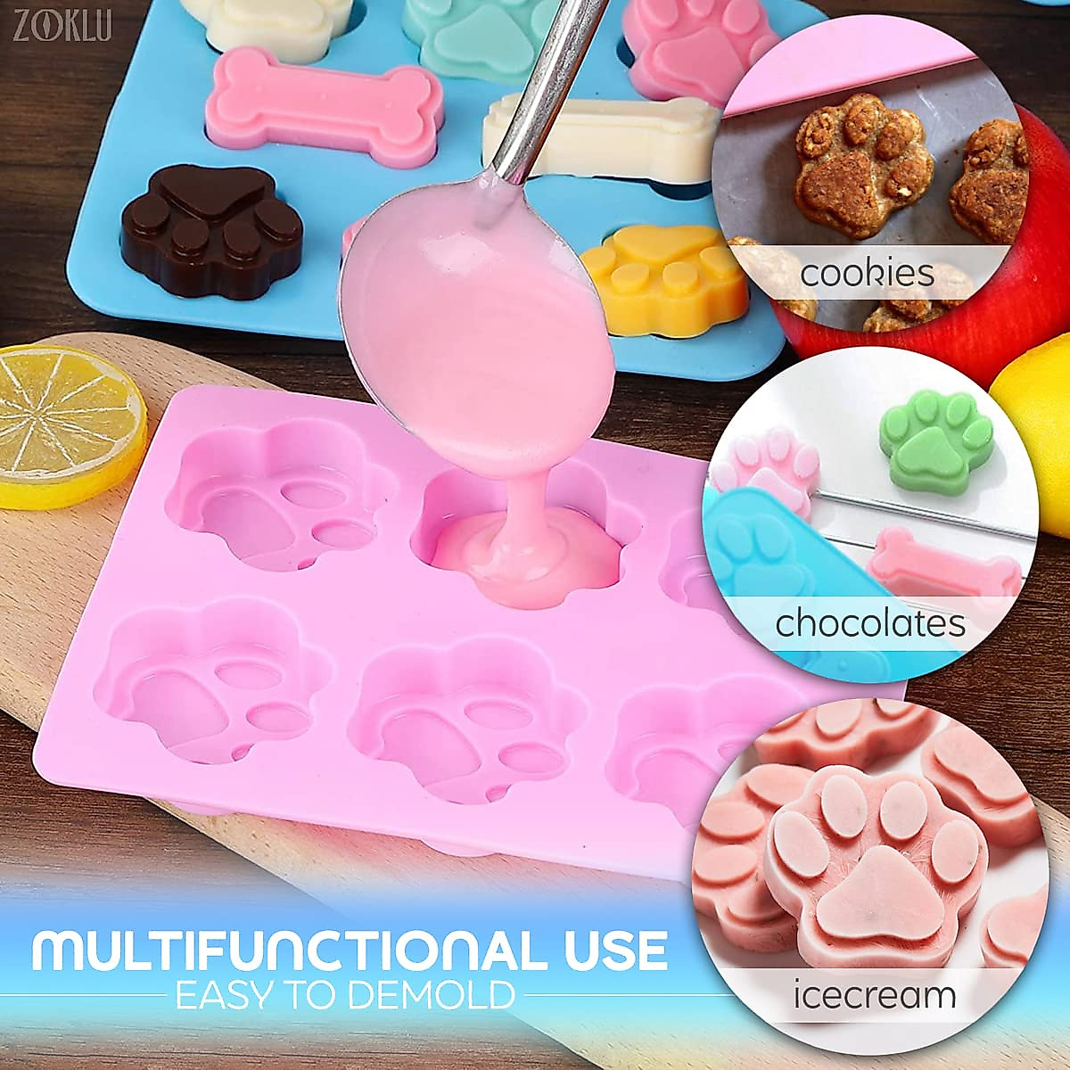Paw and Bone Candy Molds Silicone - 2Pcs Dog Treat Molds for Chocolate Candy Silicone Molds for Baking Puppy Ice Cube Shapes - Blue and Pink Dog Bone Cake Pan Paw Molds for Dog Treats Silicon Mold