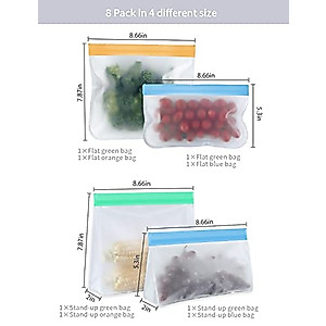 Reusable Food Storage Bags - Axbima 8 PACK PEVA Reusable Freezer Bags for Sandwich - Stand-up Reusable Snack Zip lock bags for Home/Travel Meat Fruit Vegetables Cereal Nuts (Multicolored)